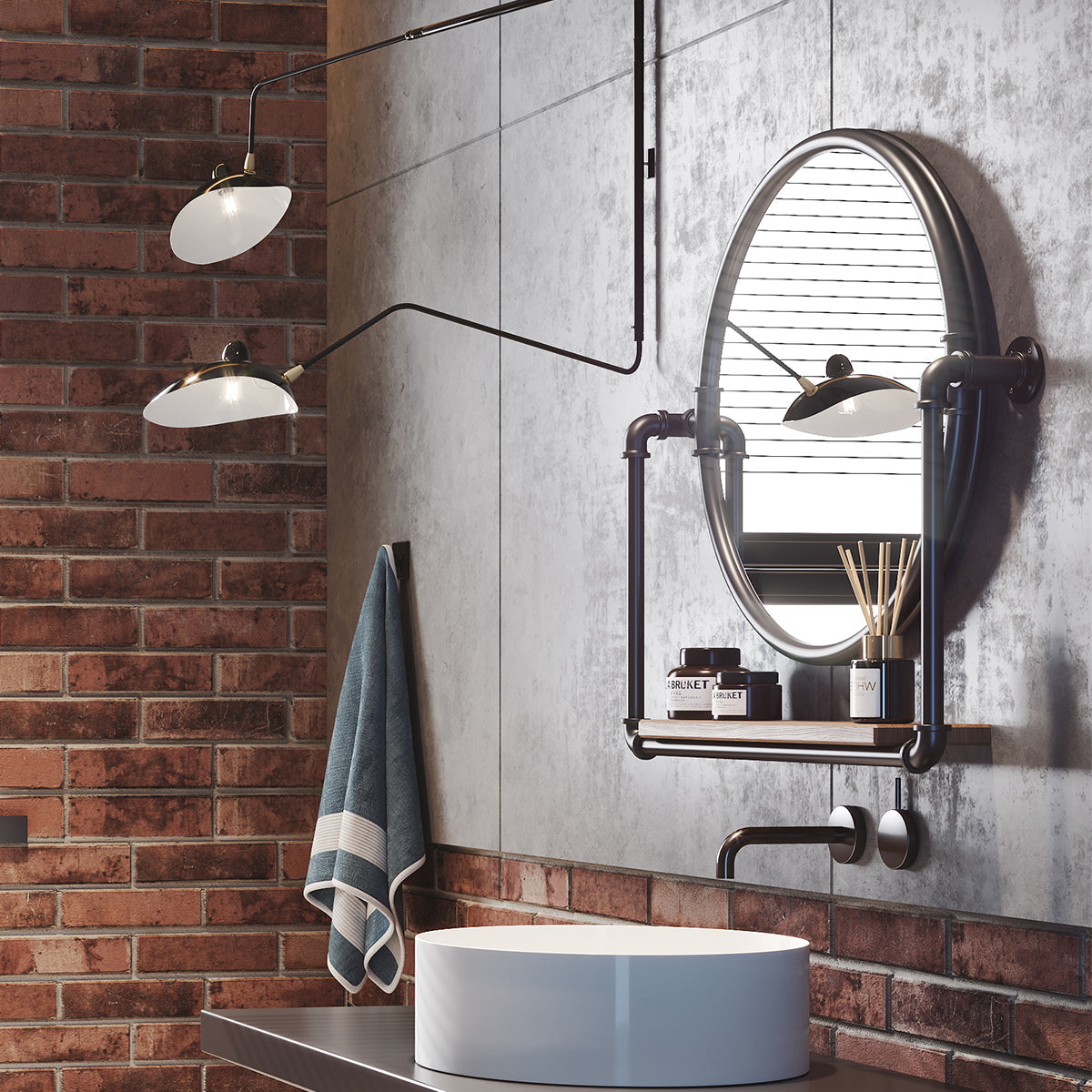 MacLuu Round Industrial Black Metal Pipe Hanging Wall Mirror with Shel ...